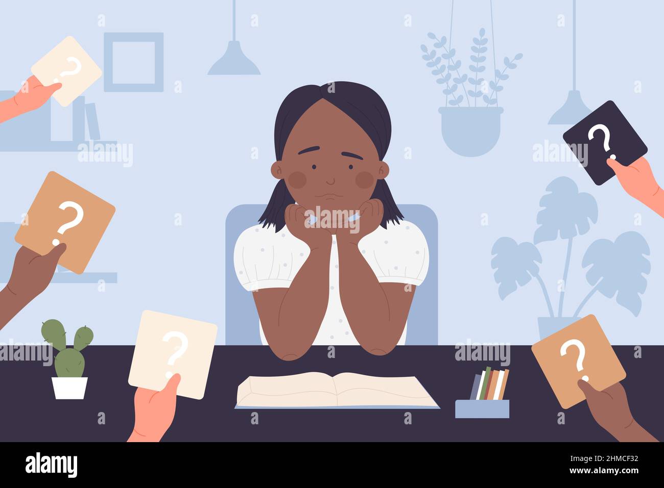 Cute child with learning problem vector illustration. Cartoon confused ...