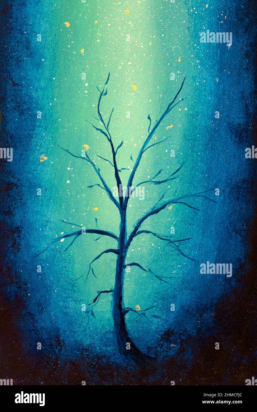 Vertical illustration of dead withered tree against background of night ...