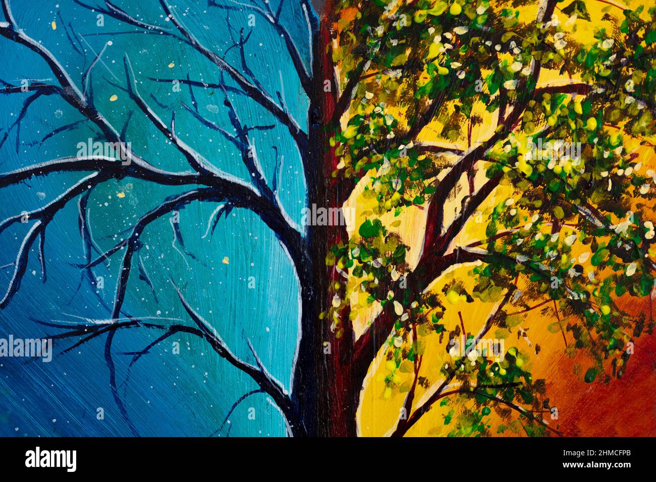 tree against backdrop of day and night Acrylic painting harmony ...