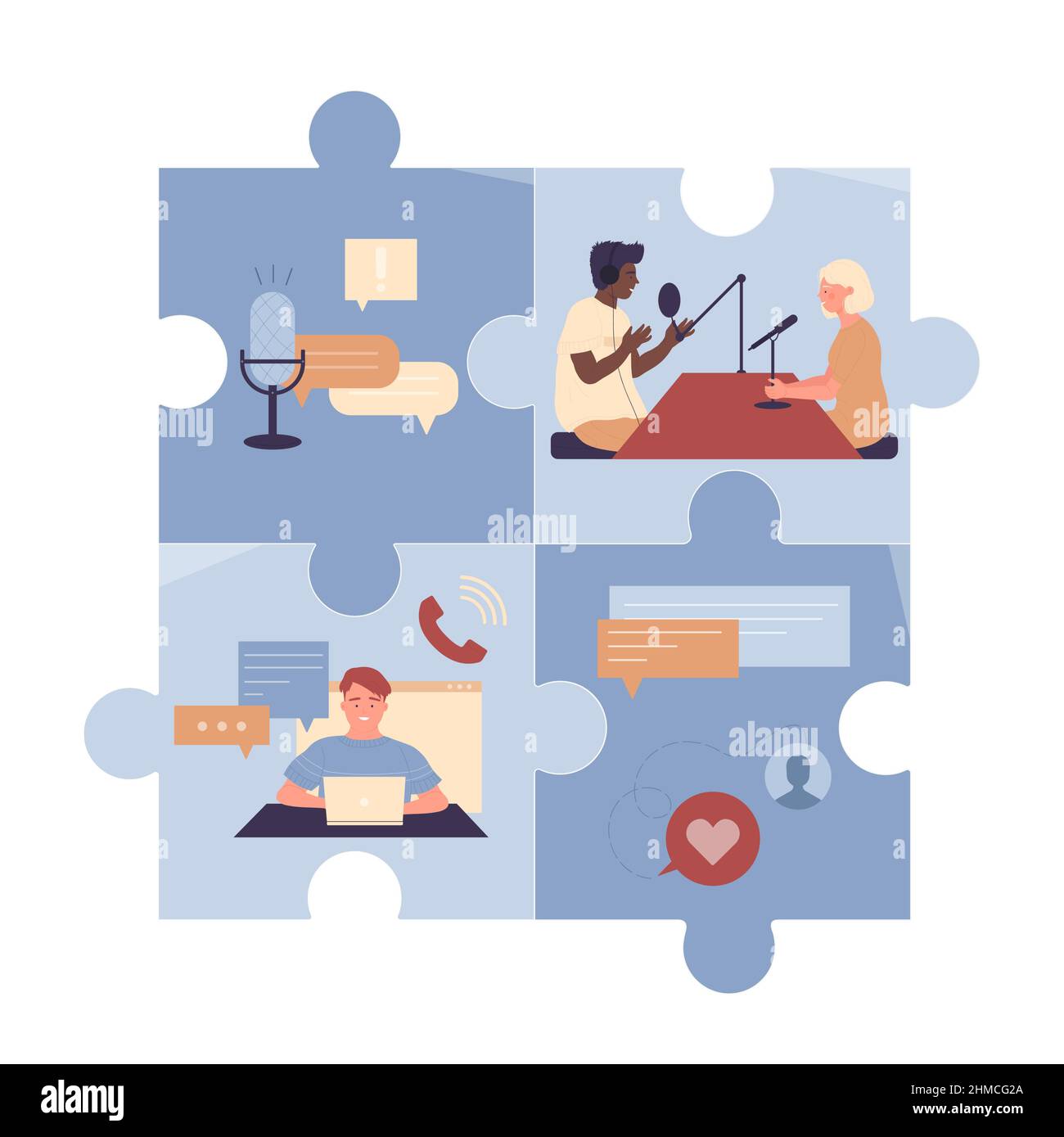 People listen and record audio podcast or online show in puzzle vector ...
