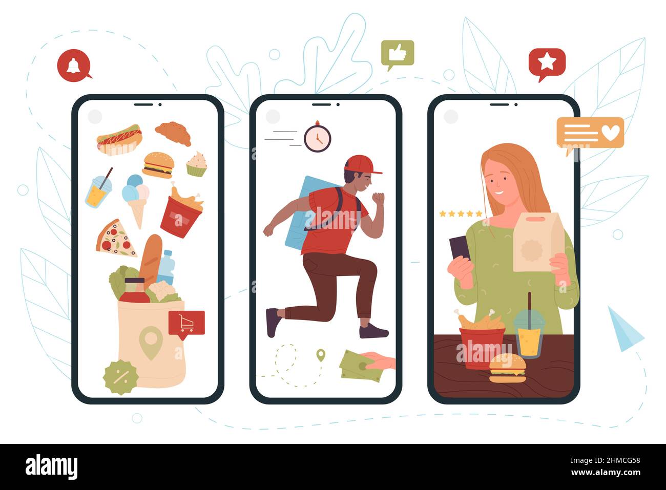Food delivery express service on screens of mobile phones vector illustration. Cartoon girl ...