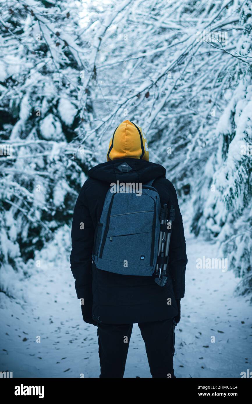 My self portrait in snowy road surrounded by snow Stock Photo - Alamy