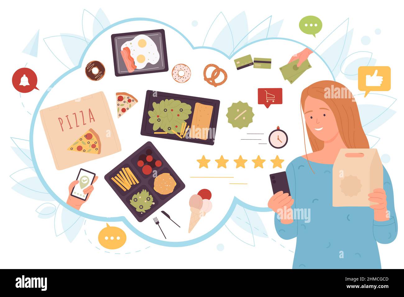 Food set delivery vector illustration. Cartoon girl ordering online ...