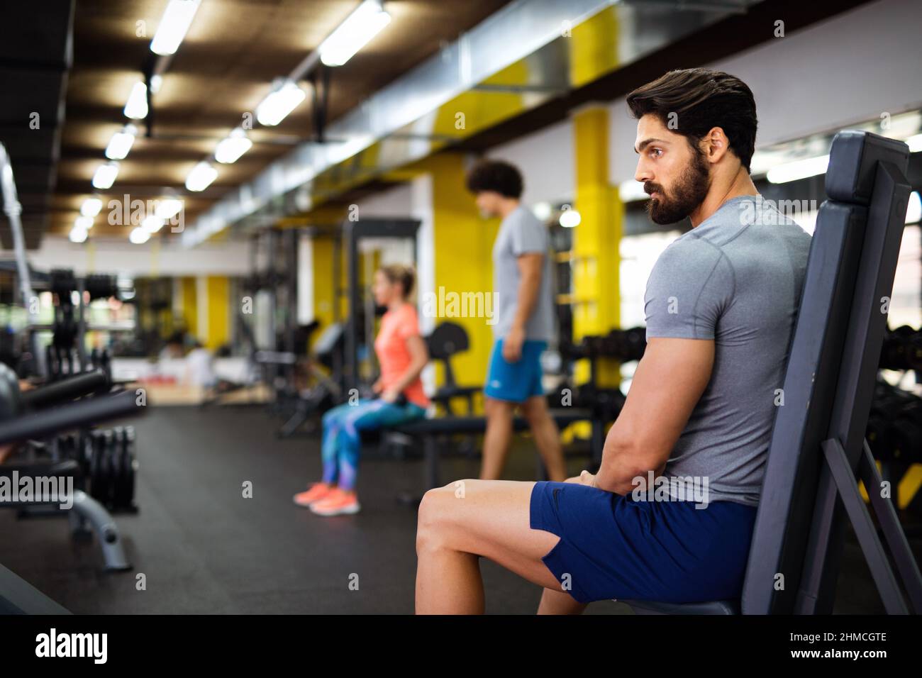 Muscular bodybuilder handsome man doing exercises in gym. Sport people ...