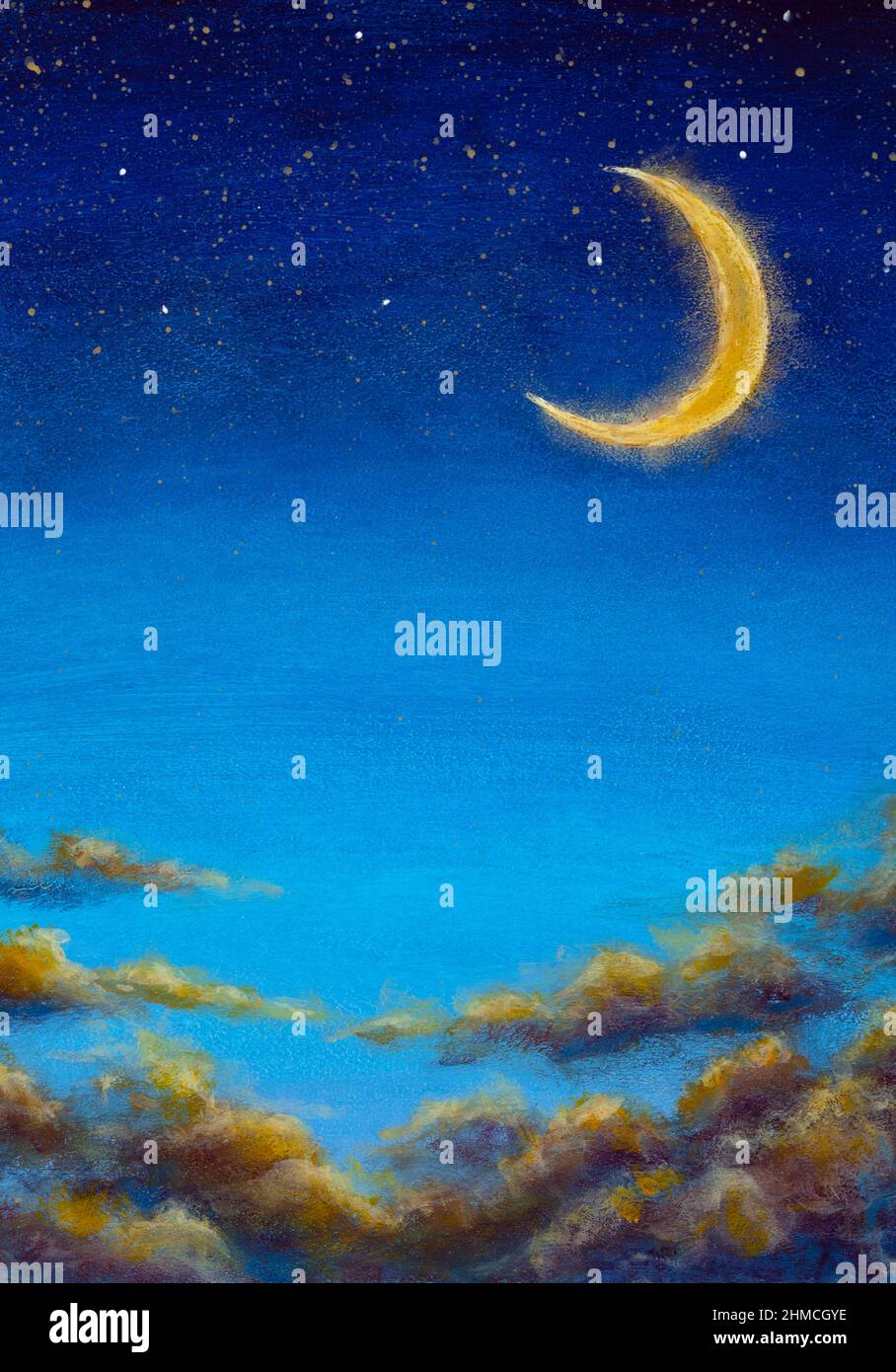 Big moon in starry night sky Oil painting on canvas beautiful warm ...