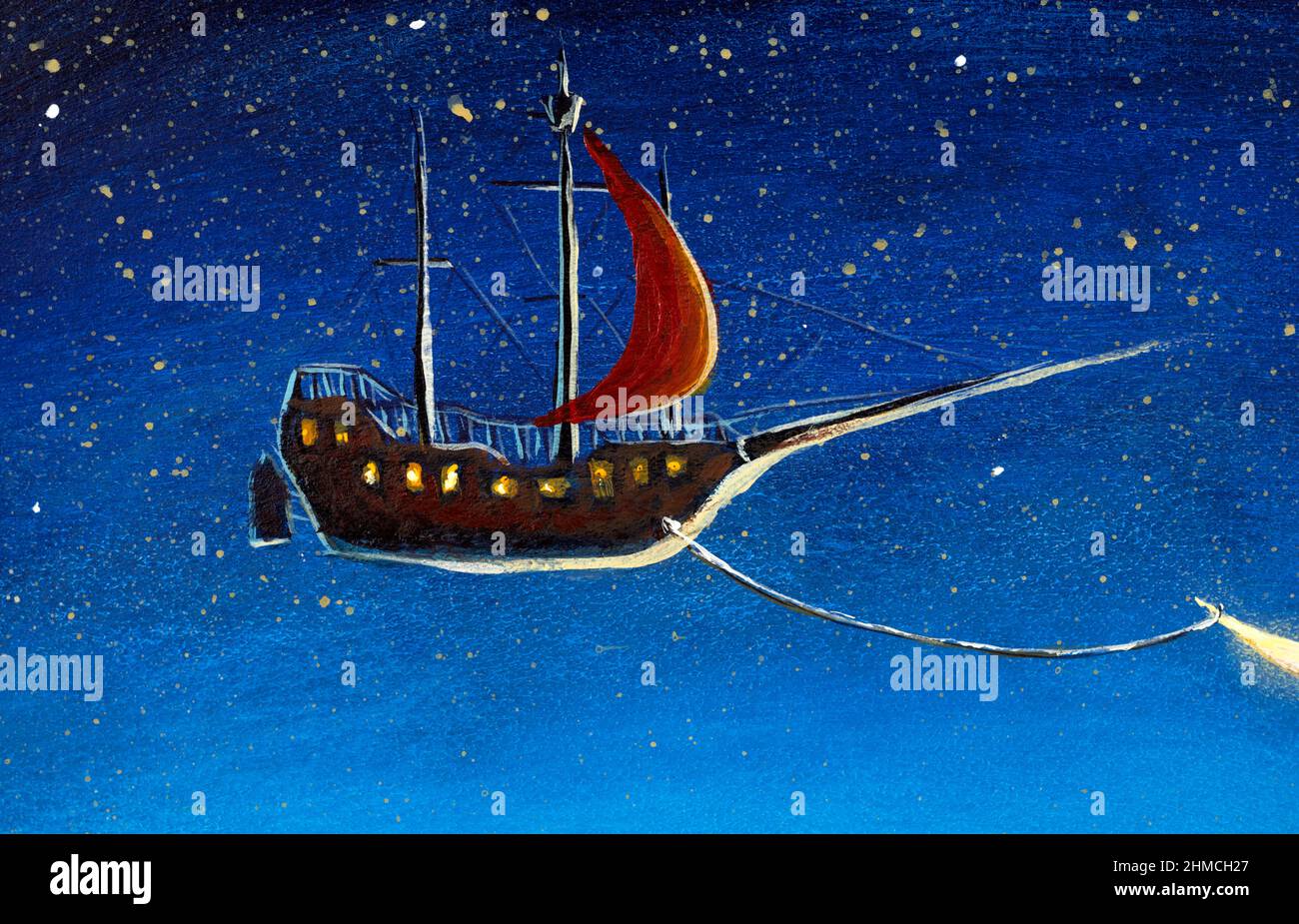 Fantasy art romantic painting pirate ship with red sails sails through ...