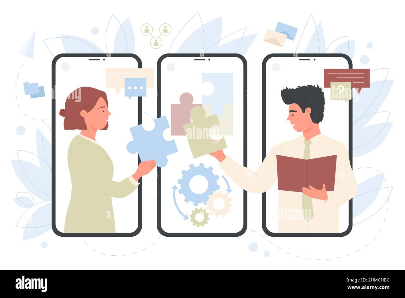 Business people connect puzzle jigsaw together on screens of mobile ...