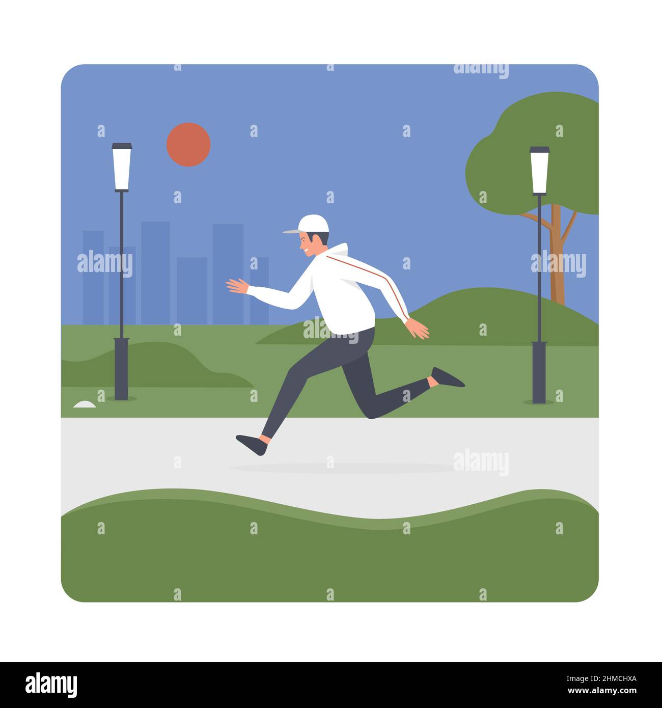 Boy in sportive clothes running in park at night. Outdoor evening ...