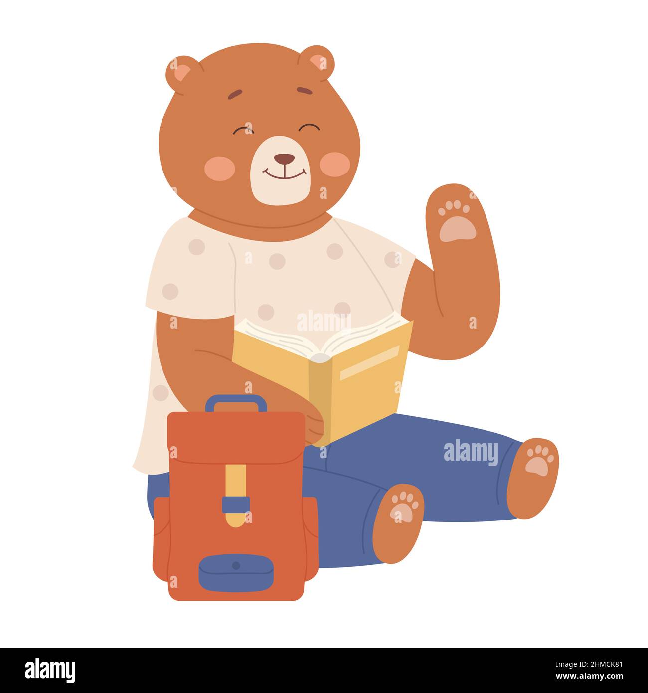 Cute smiling bear sitting and reading book. Learning teddy bear with ...