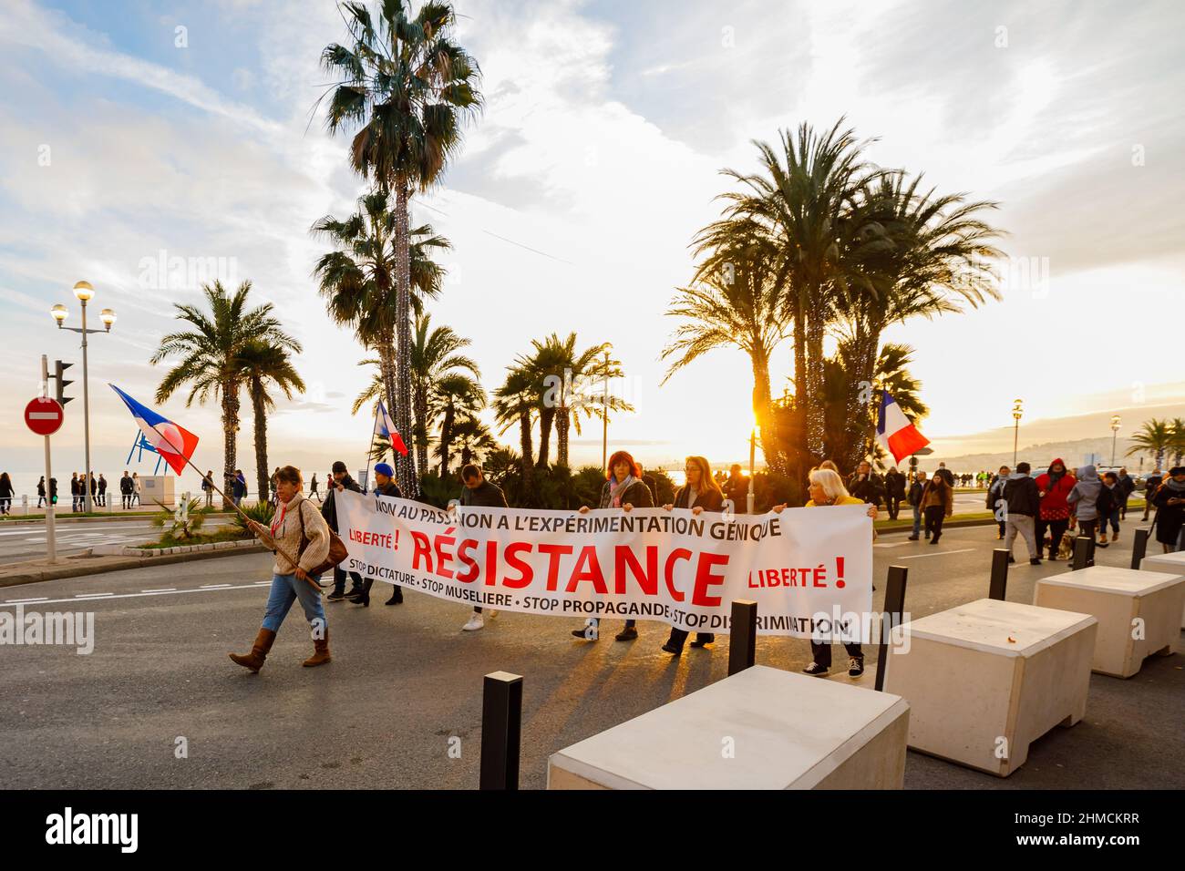 Nice, France - January 2, 2022: French people with RESISTANCE banner ...