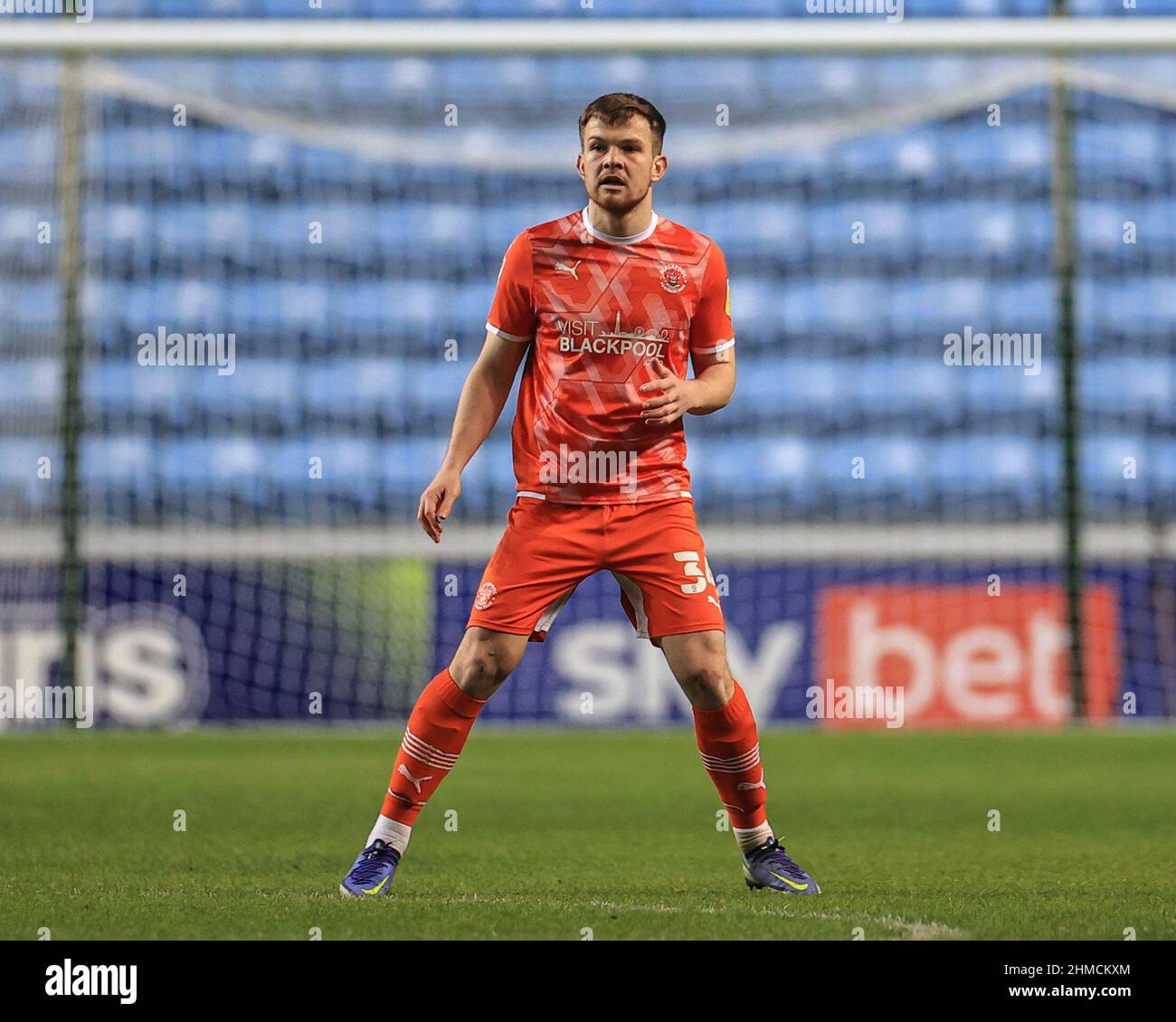 Coventry, UK. 09th Feb, 2022. Jordan Thorniley #34 of Blackpool during ...