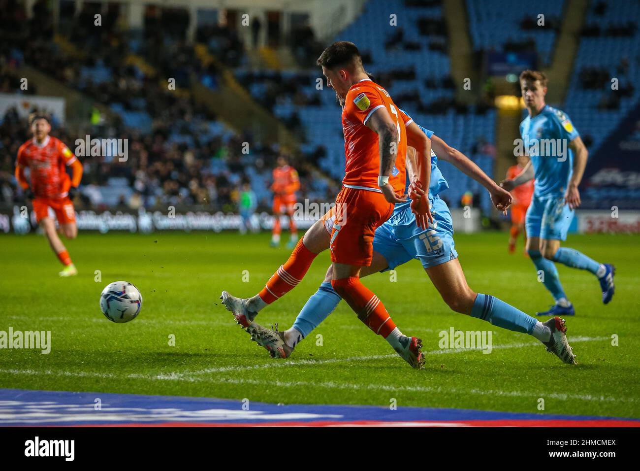Coventry, UK. 06th Feb, 2022. Owen Dale #7 of Blackpool gets the assist ...