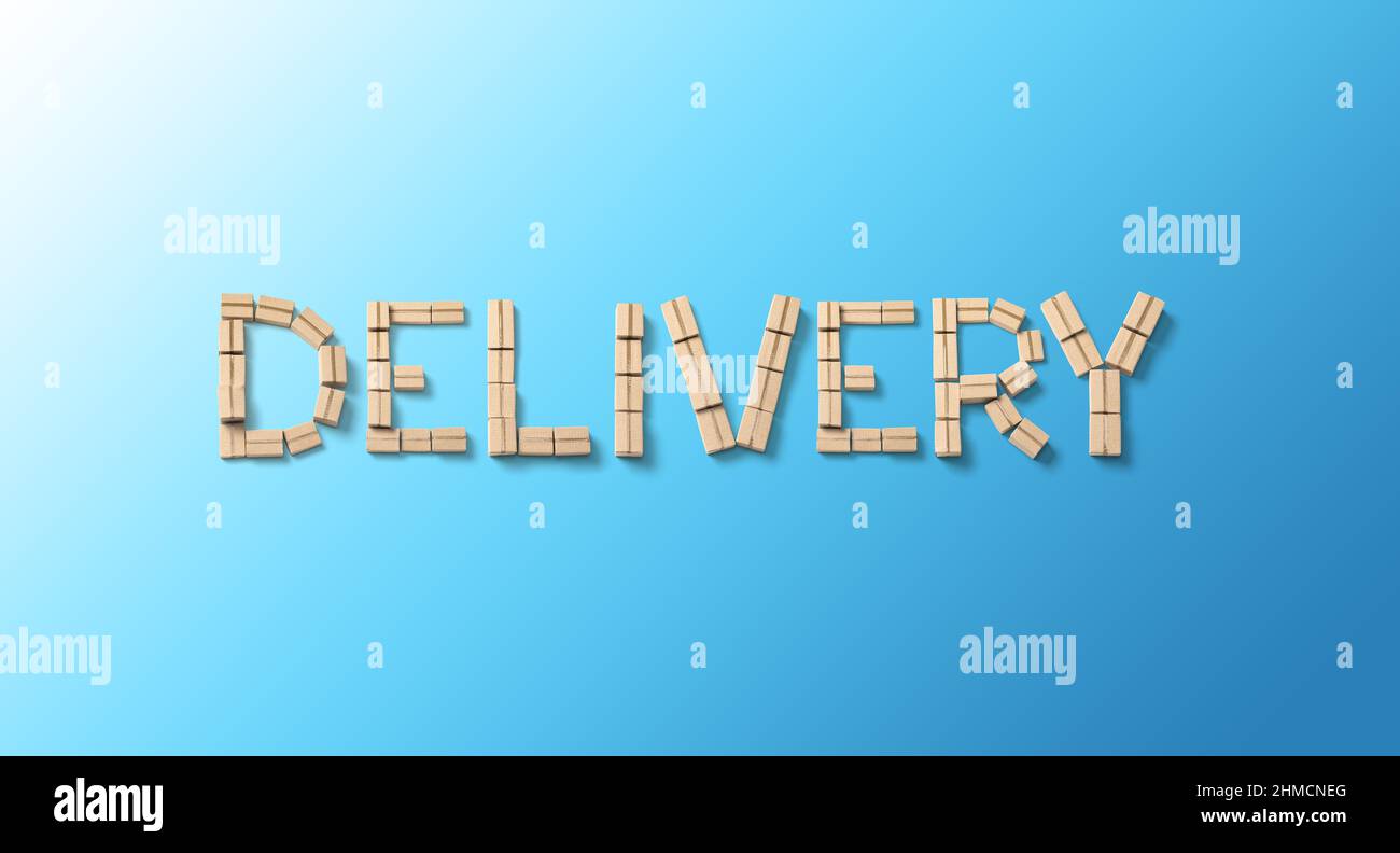 Word DELIVERY from cardboard boxes on blue background Stock Photo - Alamy