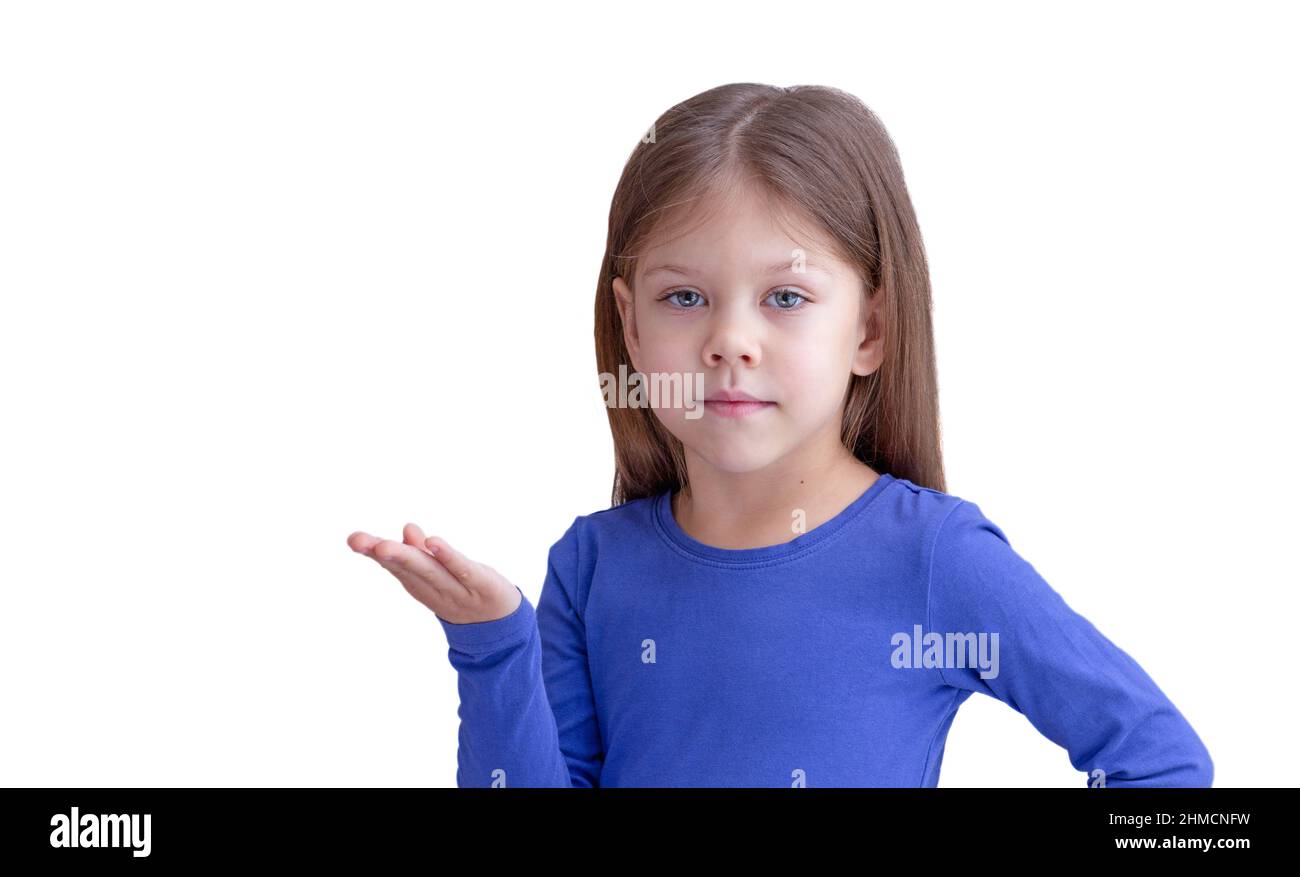 Cute calm child kid isolated holding hand showing something you could ...