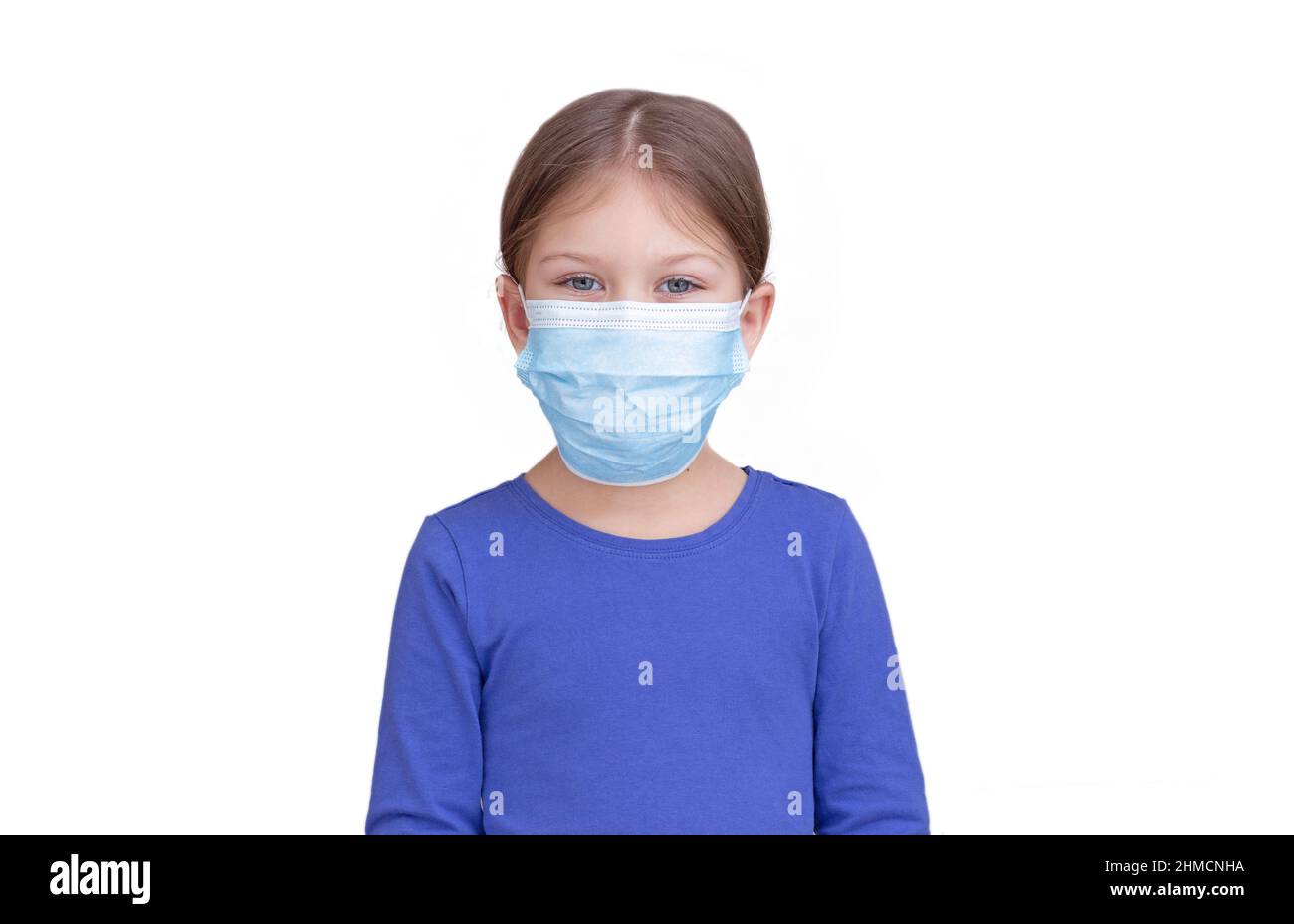 Child kid in mask on face isolated on white background, looking at ...