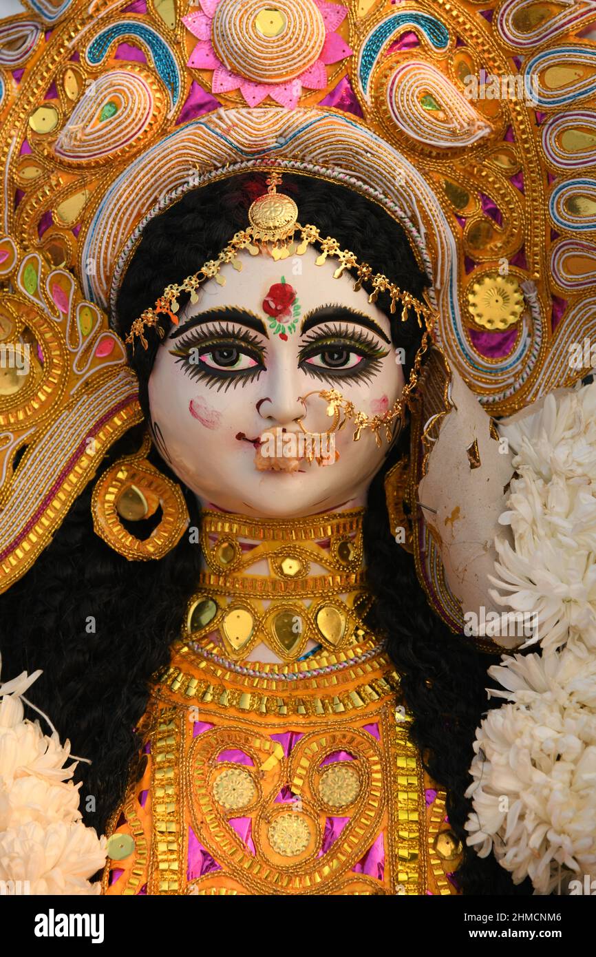 Hindu goddess Saraswati idol before immersion in the Ganges after puja ...