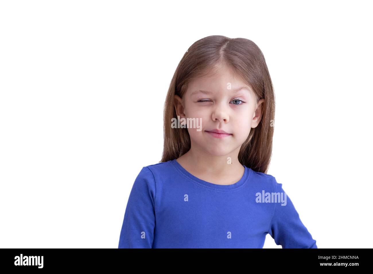 Winking child kid isolated on white background, looking at camera waist ...