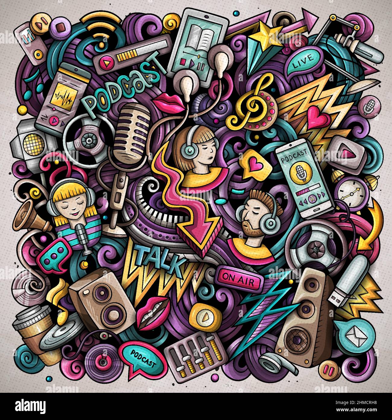 Audio content cartoon doodles illustration. Creative funny vector ...