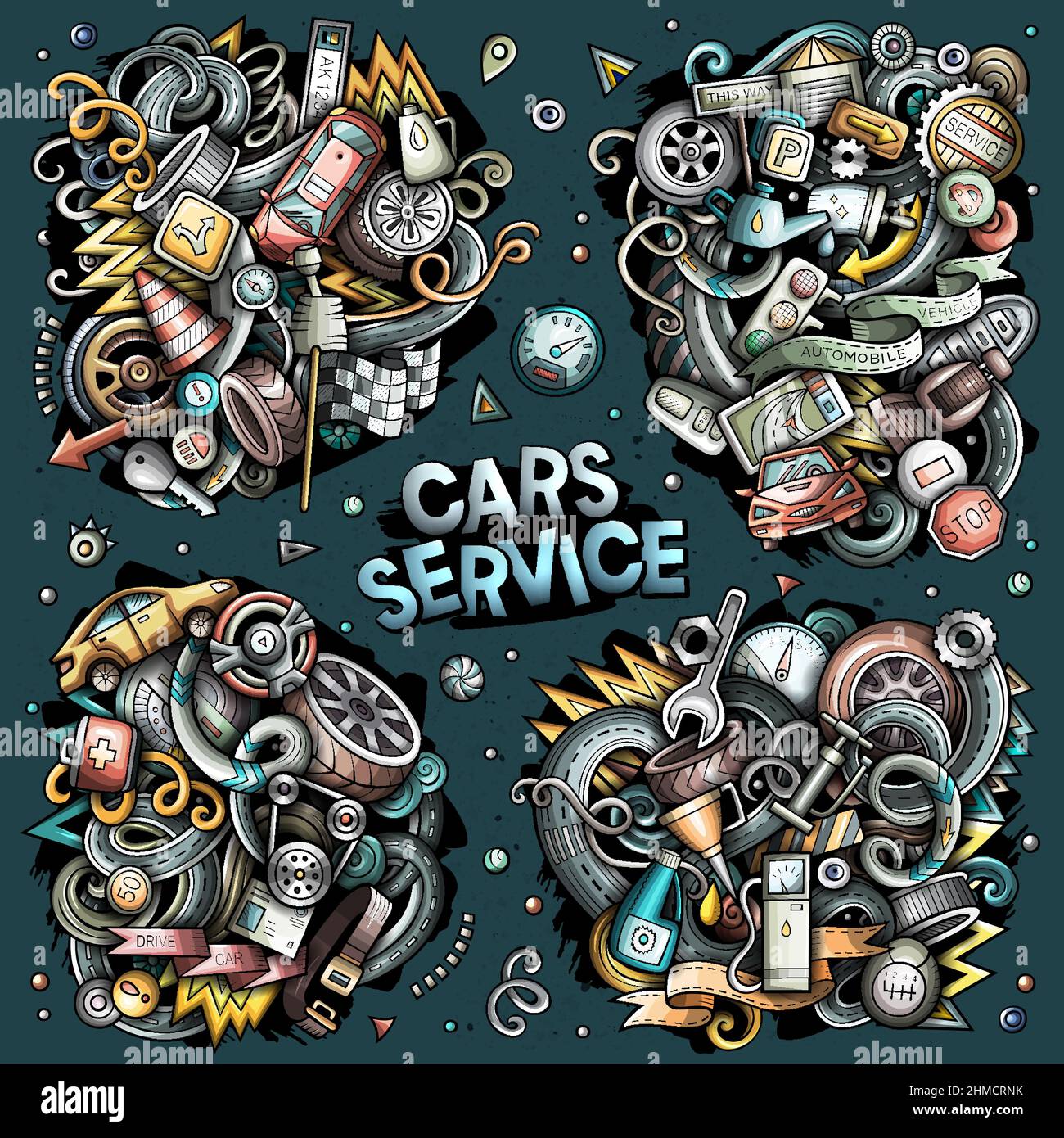 Auto Service cartoon vector doodle designs set. Colorful detailed ...