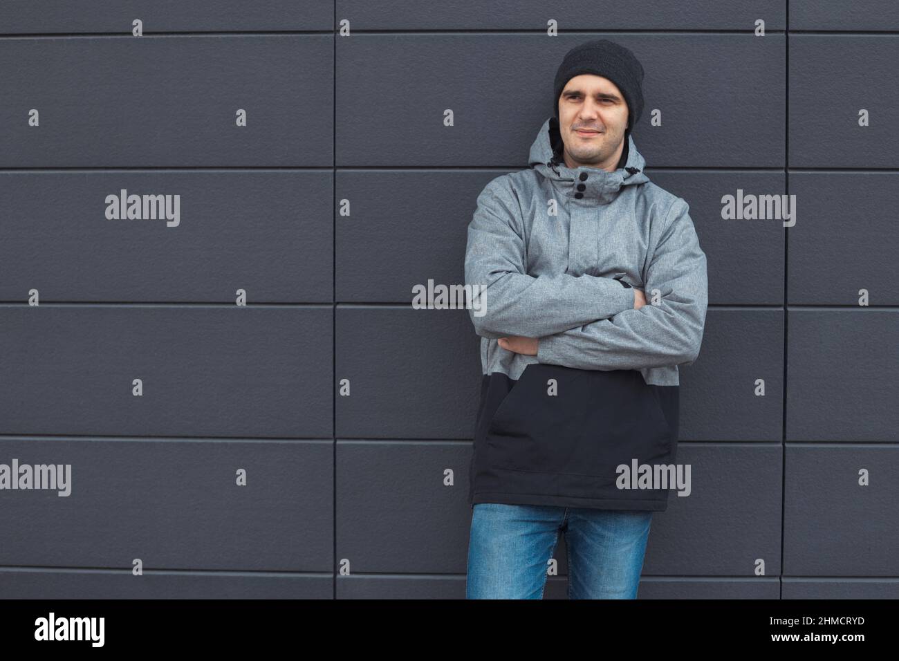 Closeup portrait of handsome 30-35 years old man outdoors standing near ...