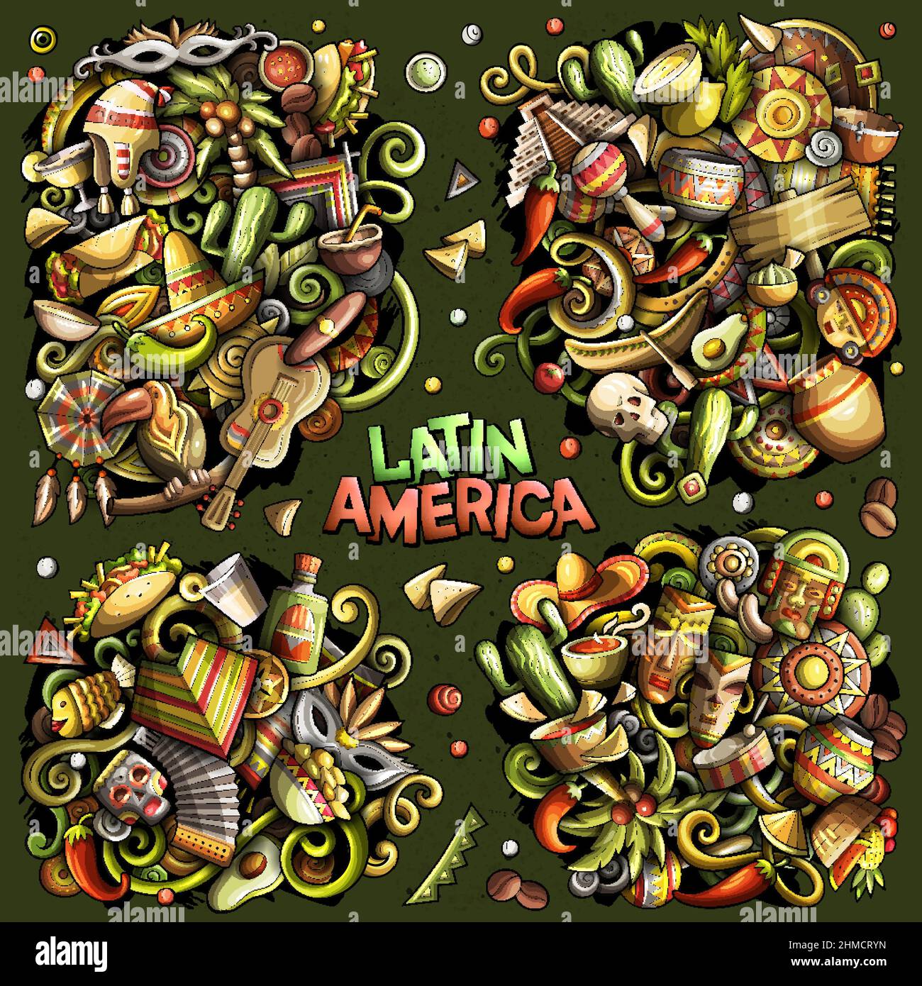 Latin America cartoon vector doodle designs set. Colorful detailed ...