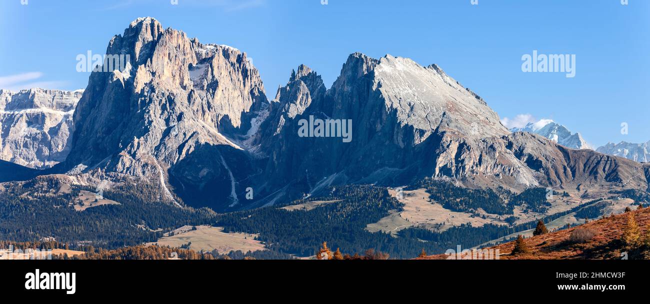 View of Sassolungo and Sassopiatto mountains of the Langkofel Group in ...