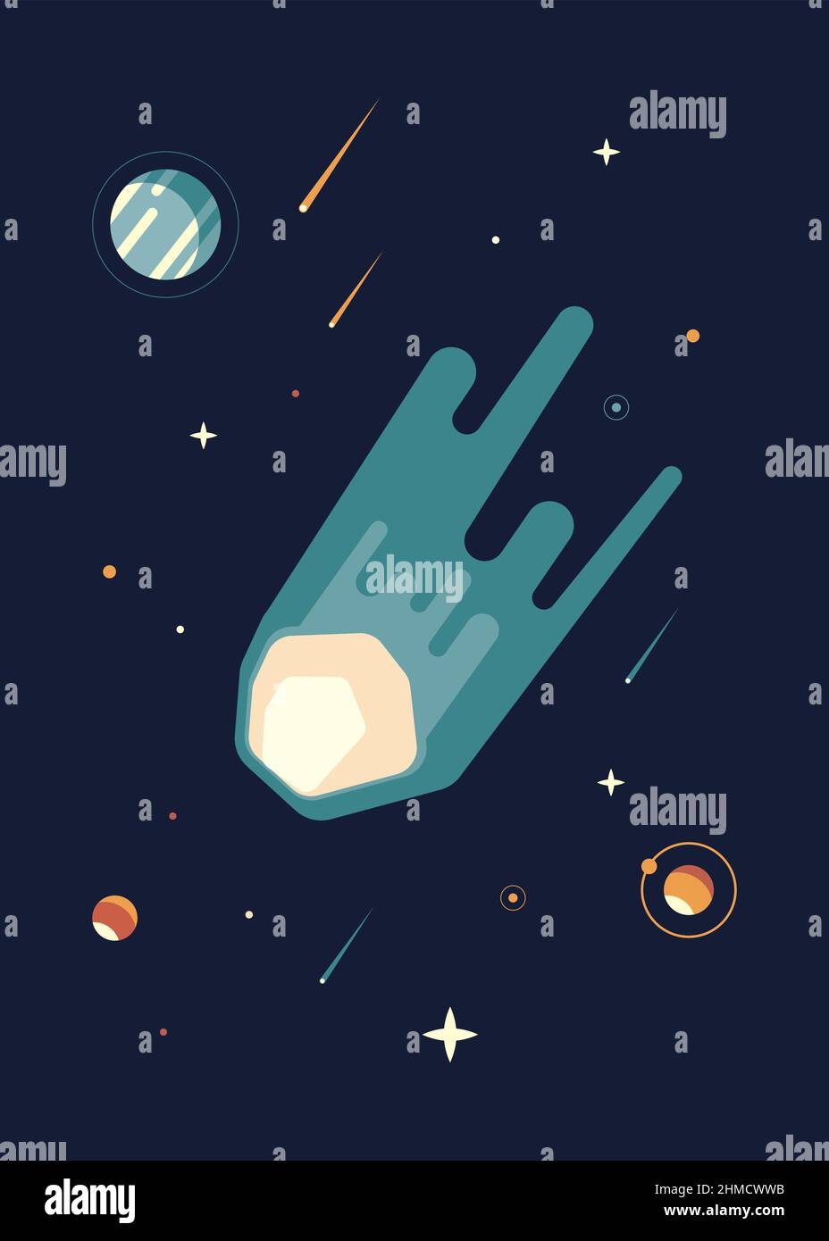 Poster with comet in outer space. Placard design in flat style Stock ...