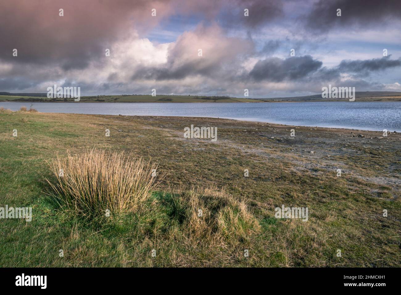 The bleak barren foreshore of Colliford Lake on Bodmin Moor in Cornwall ...