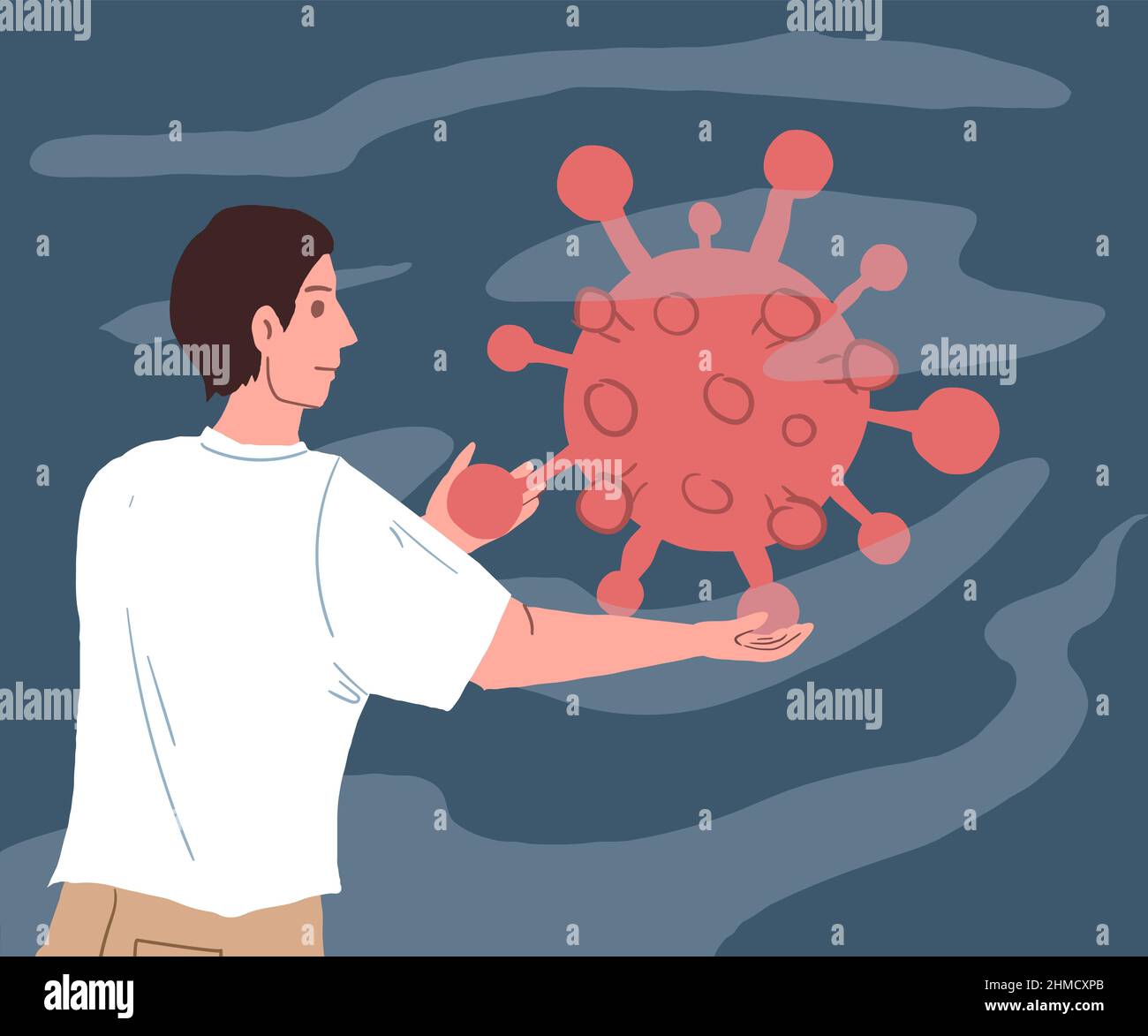 Flat cartoon man character holding giant coronavirus,antiviral ...