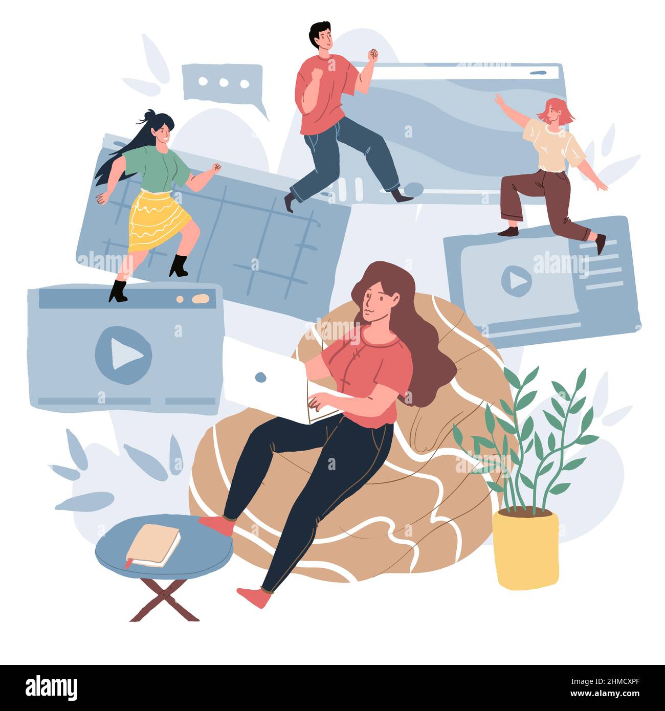 Cartoon flat woman character uses laptop,online work and social media ...