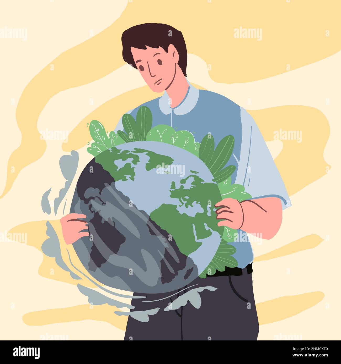 Flat cartoon man character hold planet Earth,environmental protection ...