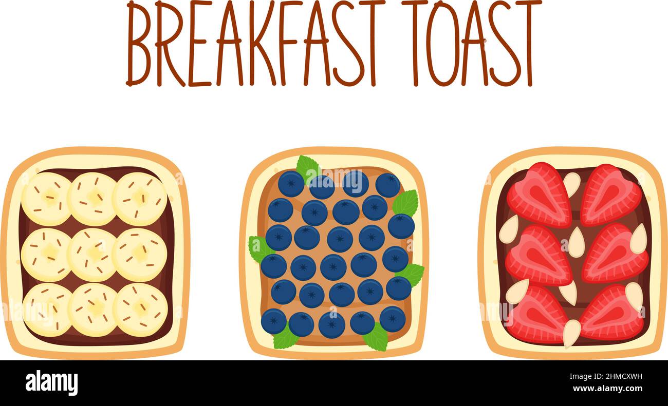 Set of toasts for breakfast with different fillings. Toasts with banana ...