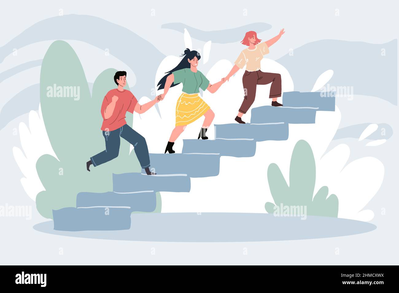 Flat cartoon characters runs up the stairs,effective teamwork and ...