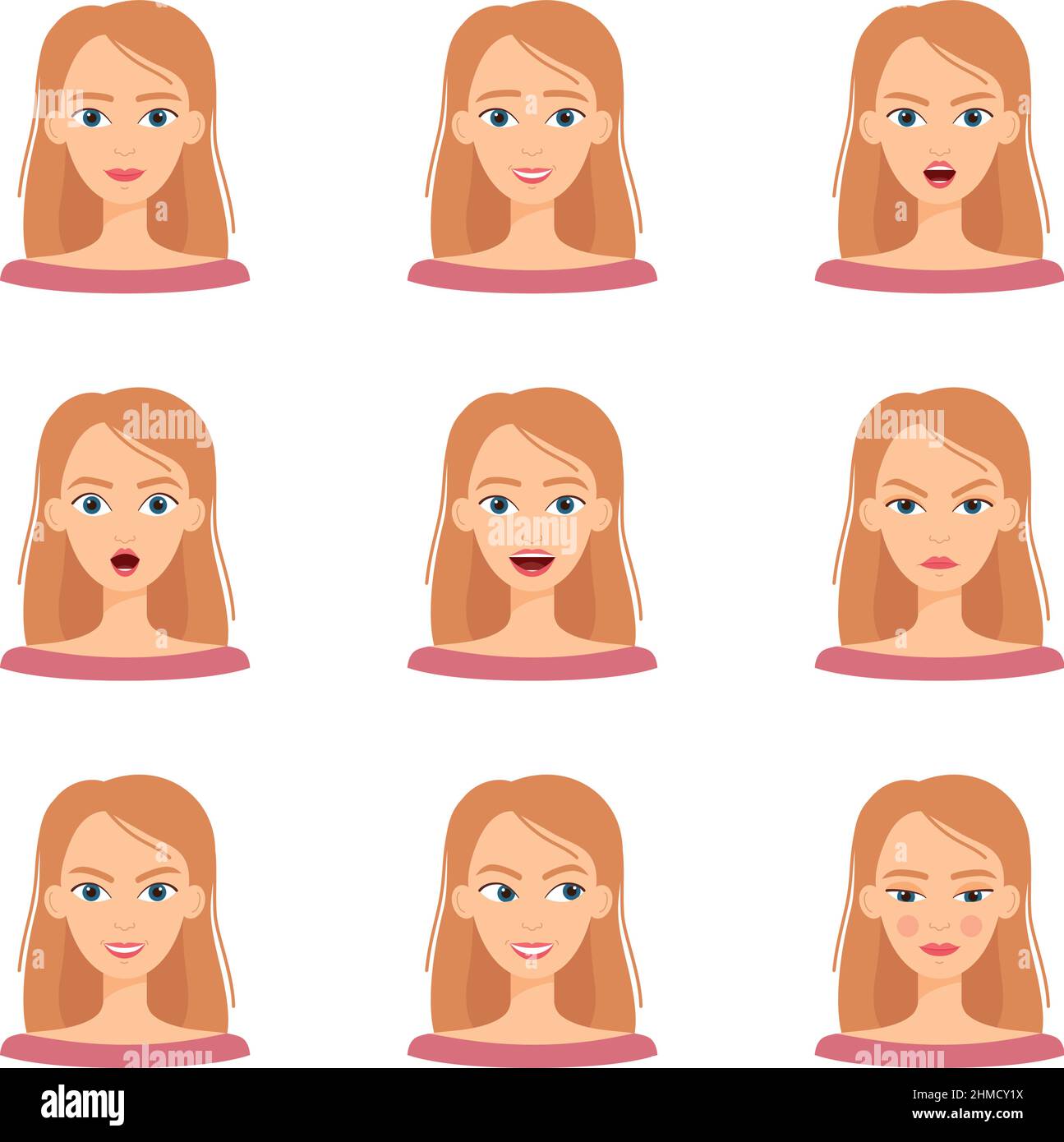 Set of emotions of beautiful blonde girl. Set of different female ...
