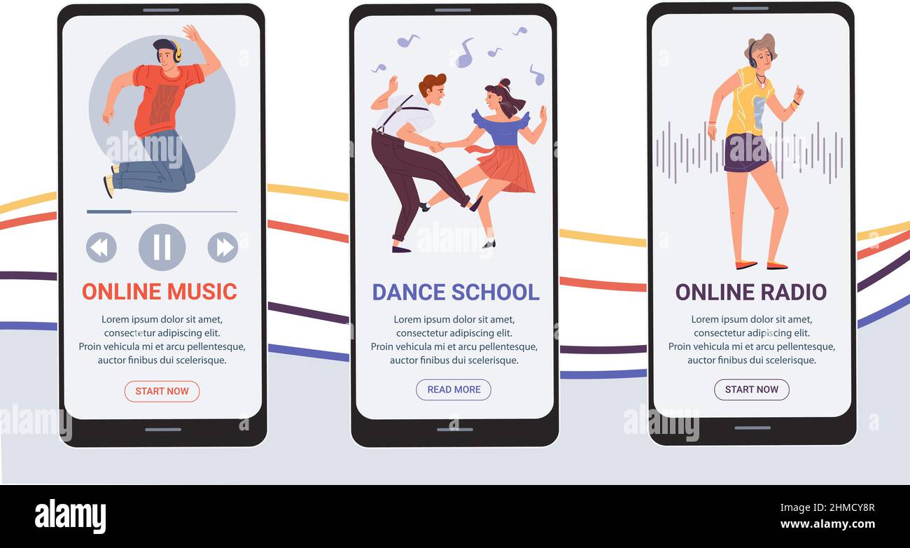 Cartoon flat characters on smartphone app screens,music listening ...