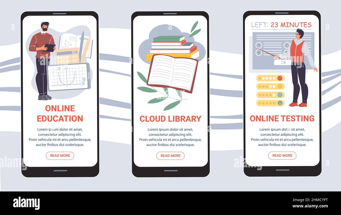 Cartoon flat characters on smartphone app screens,educational mobile ...