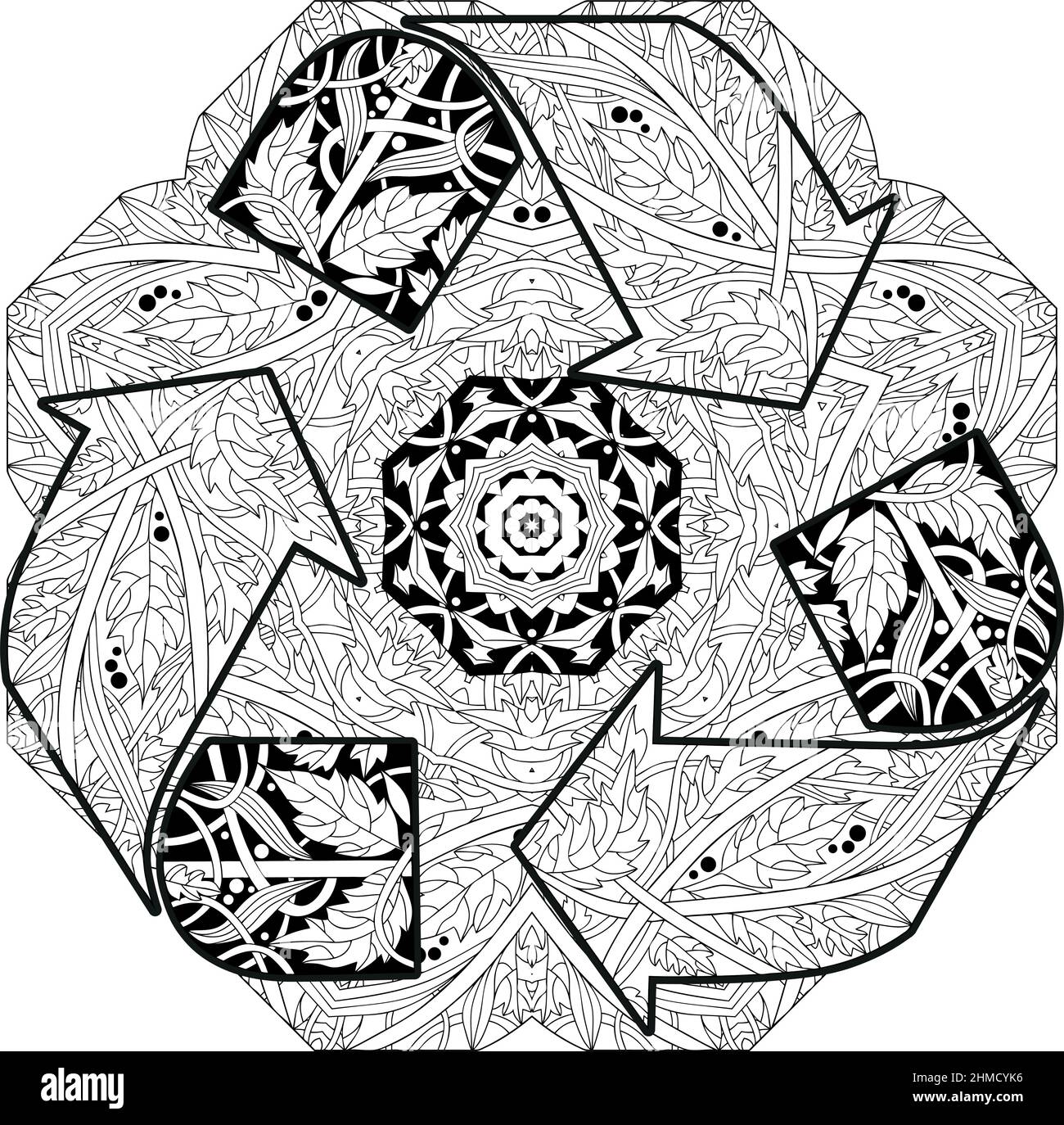 Hand-painted art design on mandala for coloring. Illustration Recycle ...