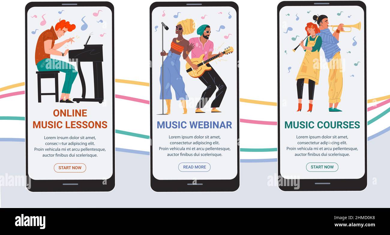 Cartoon flat characters on smartphone app screens,music courses ...