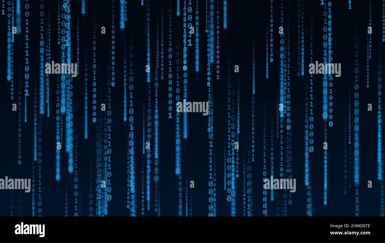 Abstract graphic background - blue rain of binary digits on black ...