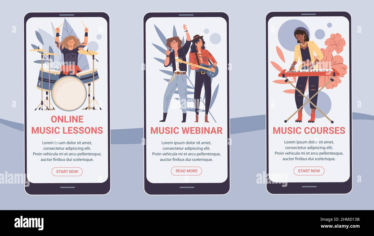 Cartoon flat characters on smartphone app screens,music courses ...