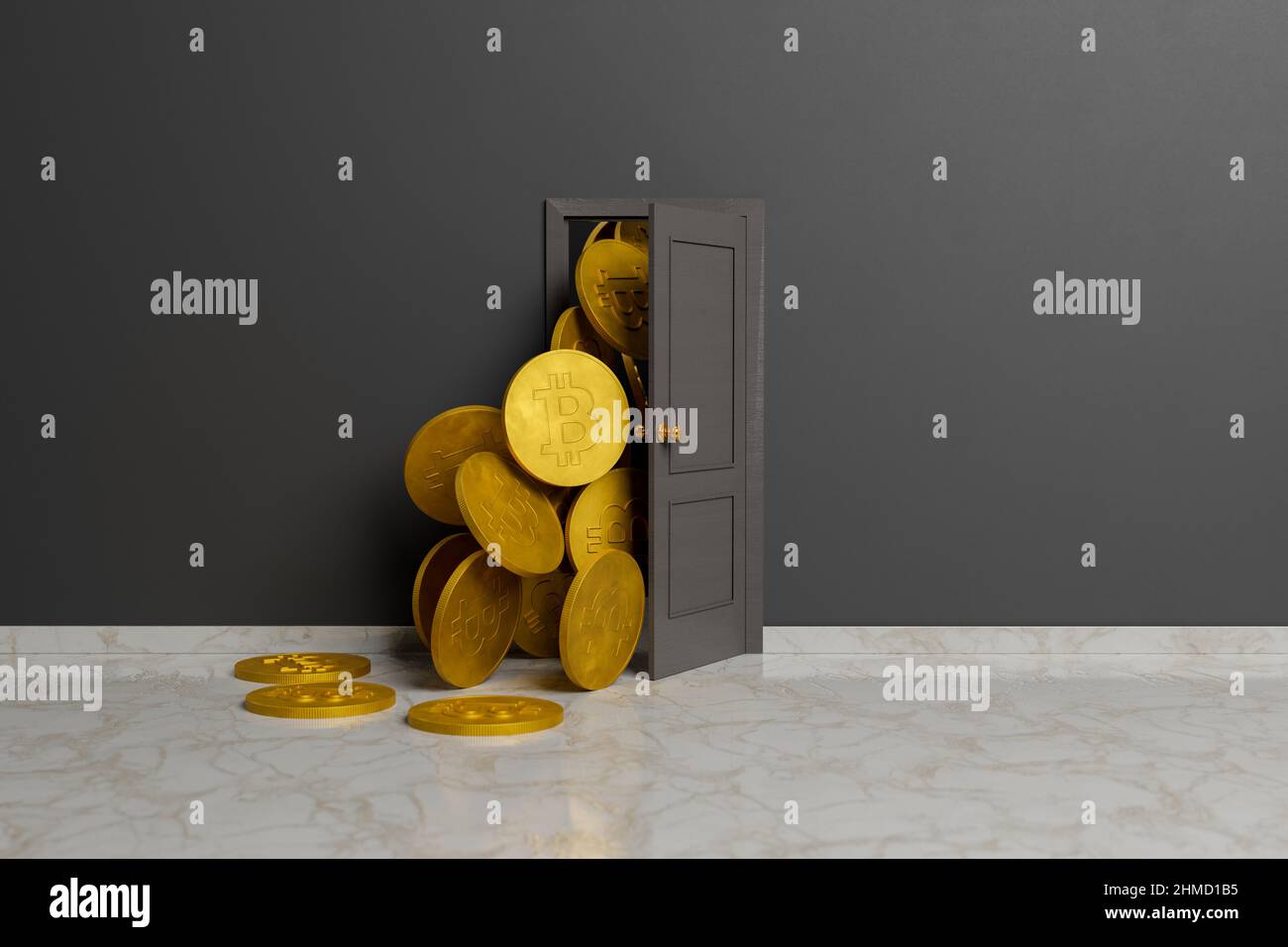 Bitcoins entering through a dark door with black wall and marble floor ...