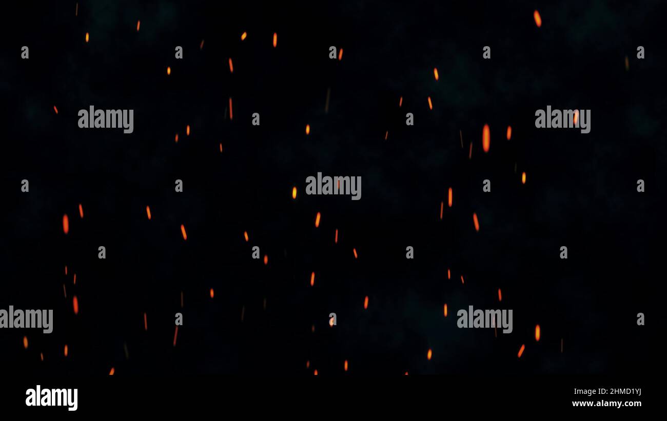 Burning hot bonfire fire sparks on a dark background. Flying Embers from fire. 3d rendering ...