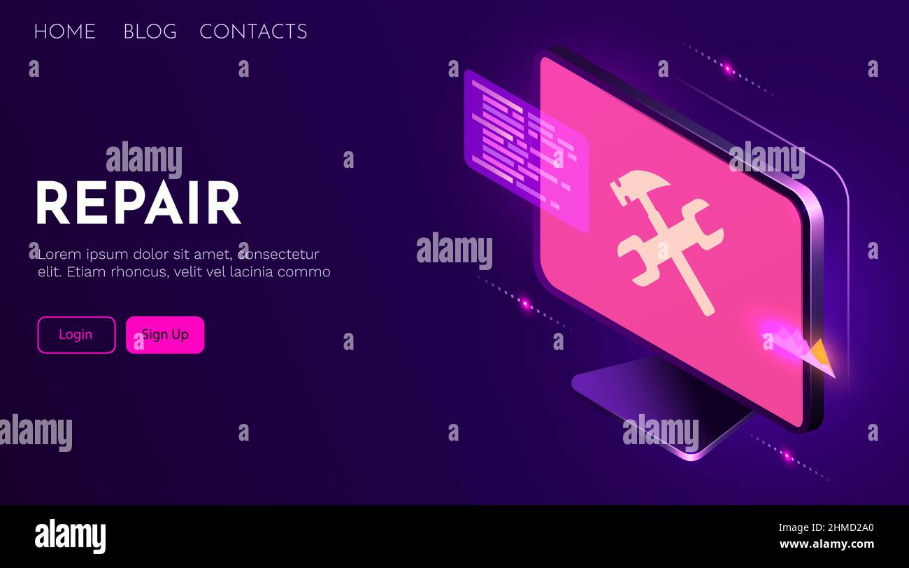 Computer with wrench and hammer on the screen. Computer repair service ...