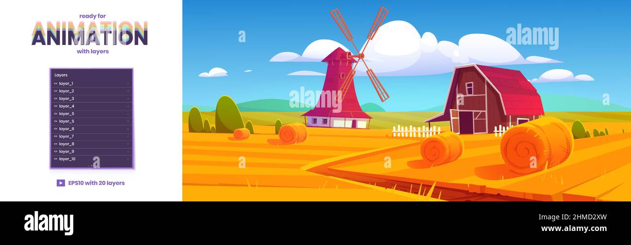 Countryside with hay bales on agriculture field, windmill and farm barn ...