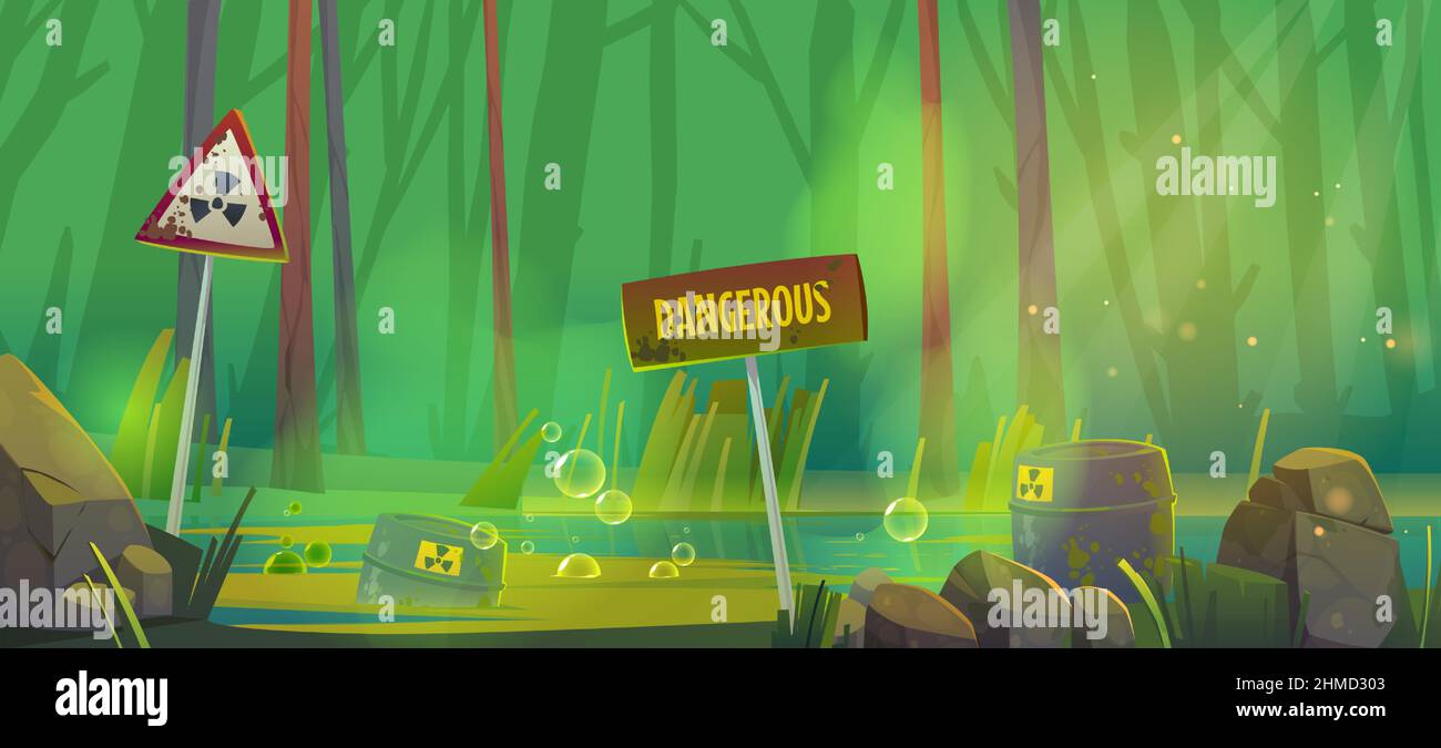 Stench dirty swamp with toxic waste barrels and warning signs. Vector ...