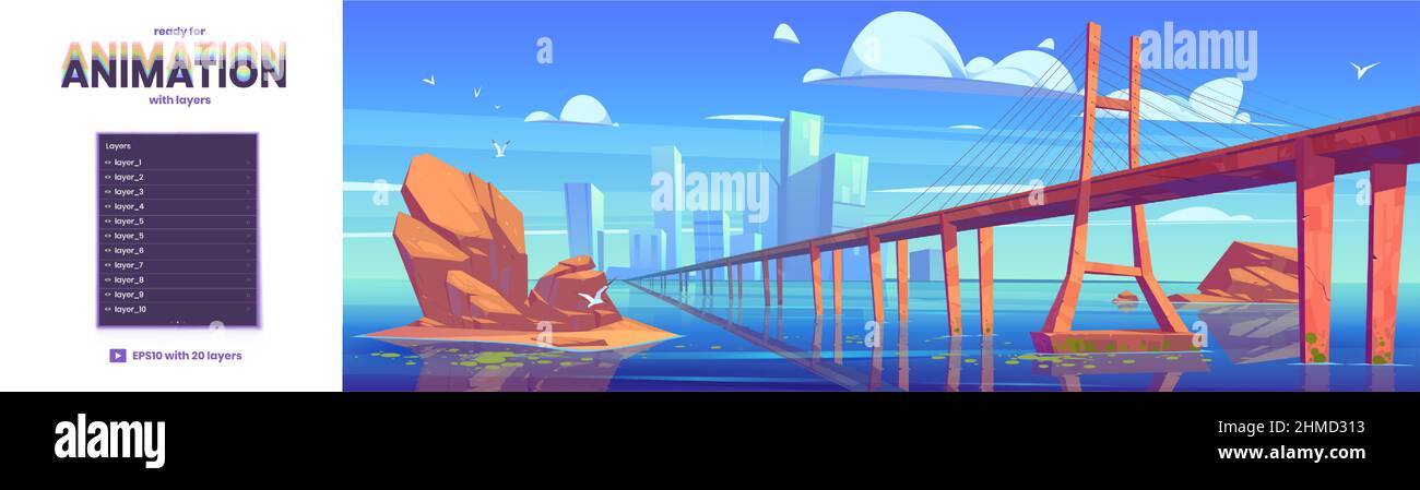 Landscape with overpass road above river, city buildings on skyline and ...