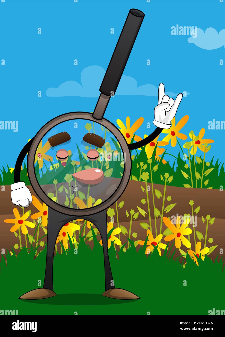 Magnifier with hands in rocker pose. Cartoon Character science research ...