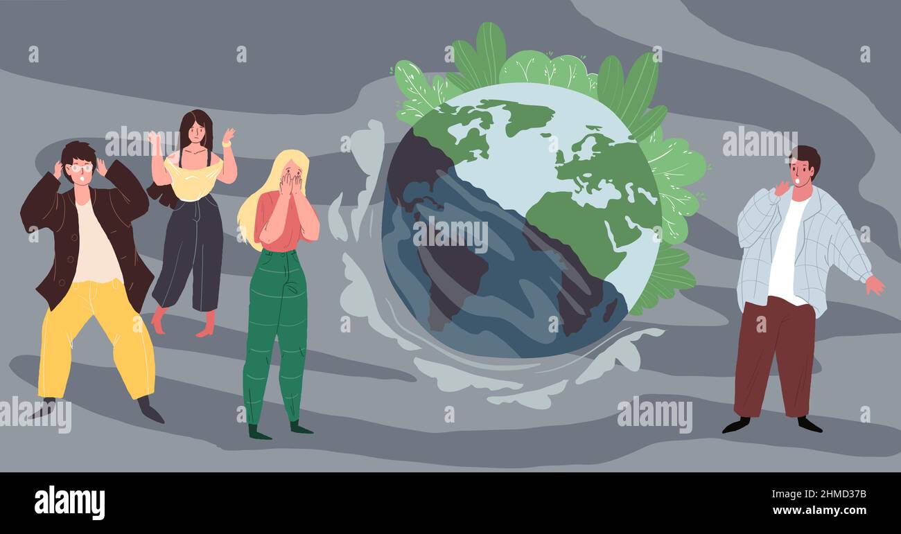 Flat cartoon characters shocked by state of planet Earth,environmental ...