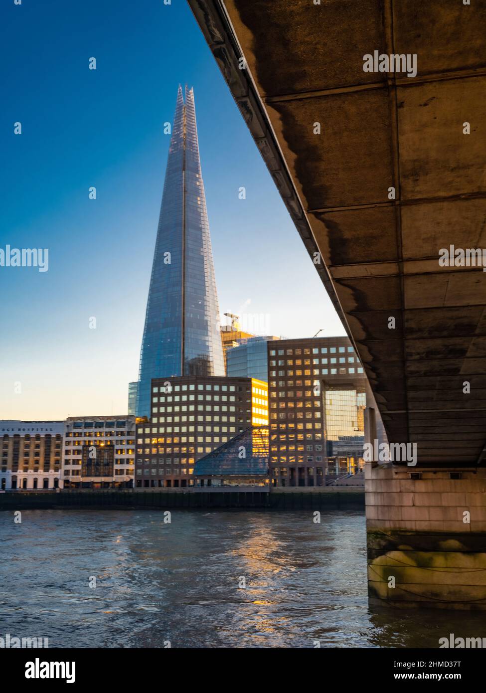 Sunset on The Shard with Thames. From under London Bridge Stock Photo ...