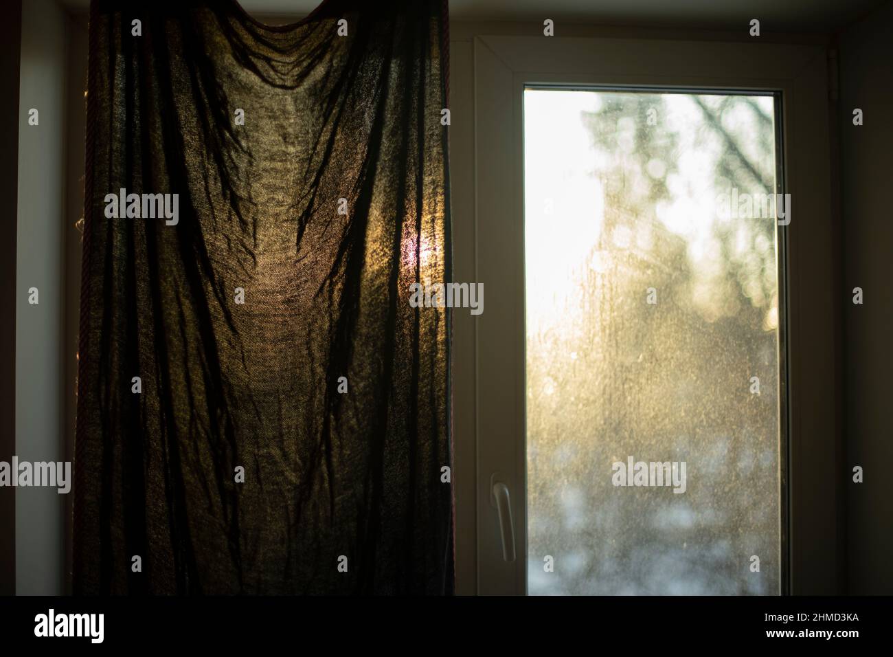 Window in morning. Curtain closes from light. Dawn through fabric ...